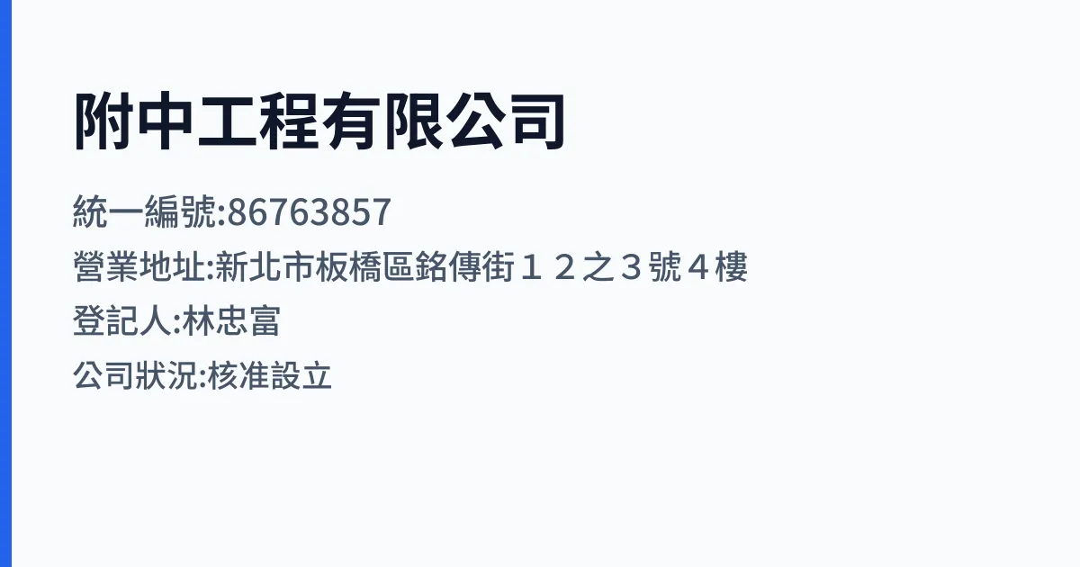 附中工程有限公司 - 統編 86763857(新北市) 公司登記資料與營業項目詳細圖表