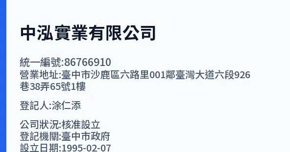 中泓實業有限公司的照片-統編 86766910(臺中市) 公司登記資料與營業項目詳細圖表