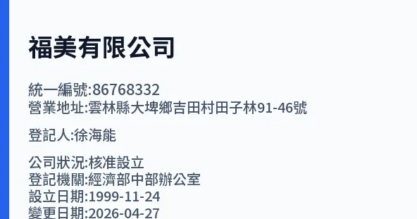 福美有限公司的照片-統編 86768332(雲林縣) 公司登記資料與營業項目詳細圖表