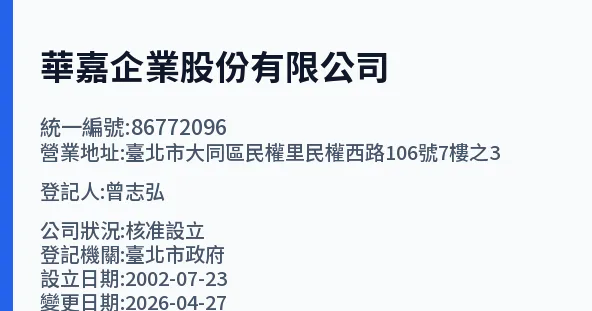 華嘉企業股份有限公司的照片-統編 86772096(臺北市) 公司登記資料與營業項目詳細圖表