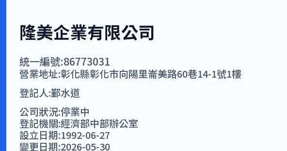 隆美企業有限公司的照片-統編 86773031(彰化縣) 公司登記資料與營業項目詳細圖表