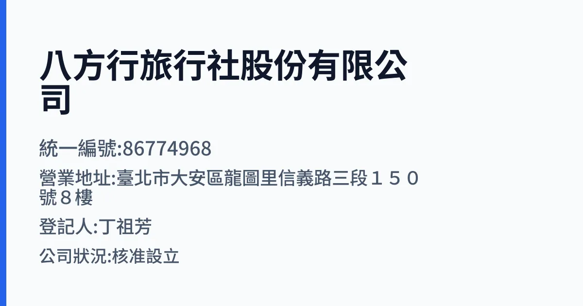 八方行旅行社股份有限公司 - 統編 86774968(臺北市) 公司登記資料與營業項目詳細圖表