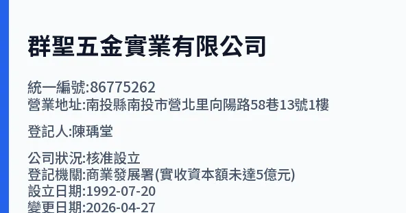 群聖五金實業有限公司的照片-統編 86775262(南投縣) 公司登記資料與營業項目詳細圖表