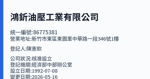鴻釿油壓工業有限公司的照片-統編 86775381(新竹市) 公司登記資料與營業項目詳細圖表