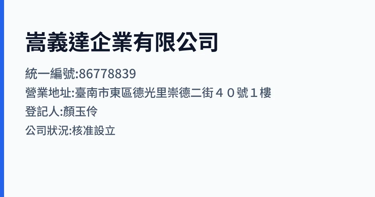 嵩義達企業有限公司 - 統編 86778839(臺南市) 公司登記資料與營業項目詳細圖表