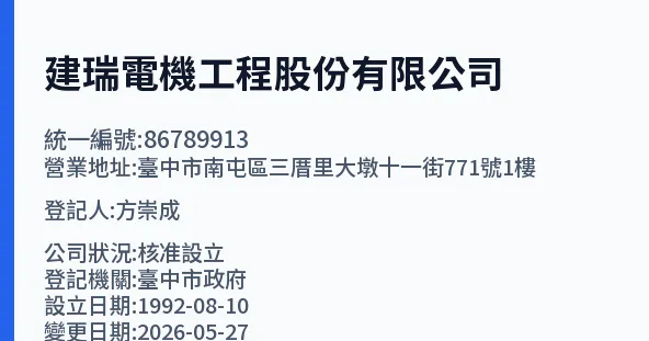 建瑞電機工程股份有限公司的照片-統編 86789913(臺中市) 公司登記資料與營業項目詳細圖表