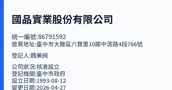 國品實業股份有限公司的照片-統編 86791592(臺中市) 公司登記資料與營業項目詳細圖表