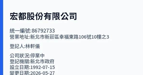 宏都股份有限公司的照片-統編 86792733(新北市) 公司登記資料與營業項目詳細圖表