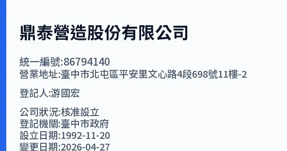 鼎泰營造股份有限公司的照片-統編 86794140(臺中市) 公司登記資料與營業項目詳細圖表