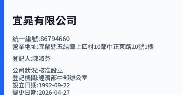 宜晁有限公司的照片-統編 86794660(宜蘭縣) 公司登記資料與營業項目詳細圖表