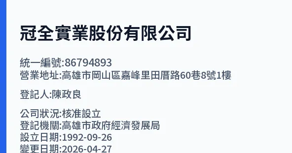 冠全實業股份有限公司的照片-統編 86794893(高雄市) 公司登記資料與營業項目詳細圖表