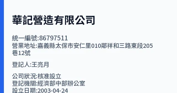 華記營造有限公司的照片-統編 86797511(嘉義縣) 公司登記資料與營業項目詳細圖表