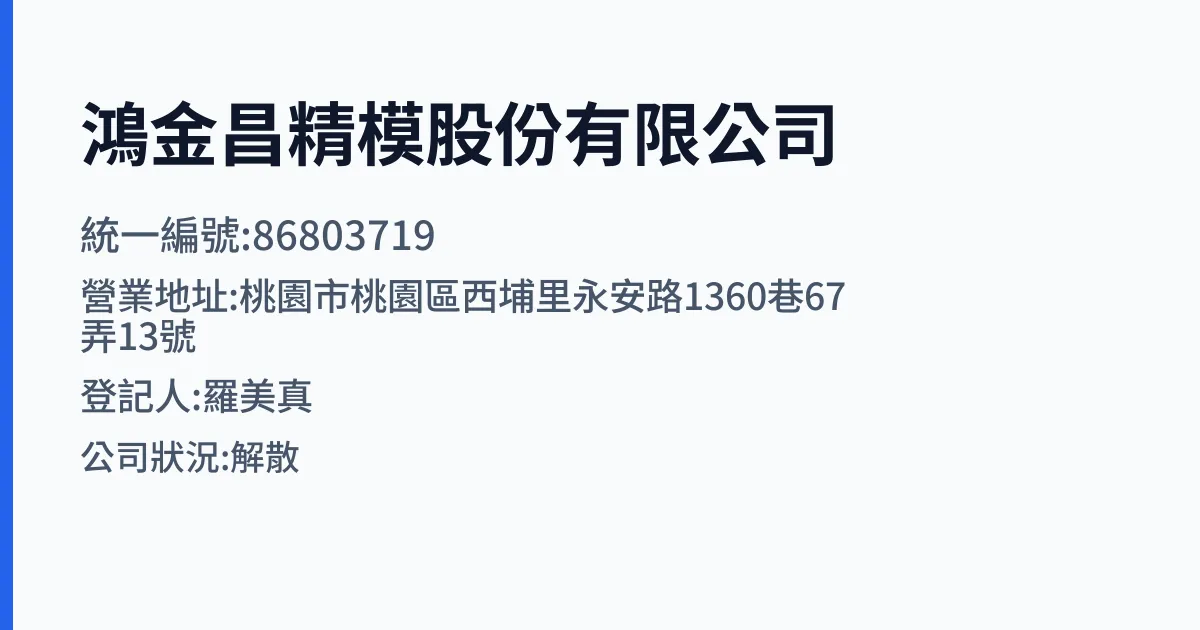 鴻金昌精模股份有限公司 - 統編 86803719(桃園市) 公司登記資料與營業項目詳細圖表