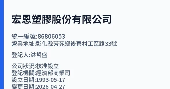 宏恩塑膠股份有限公司的照片-統編 86806053(彰化縣) 公司登記資料與營業項目詳細圖表
