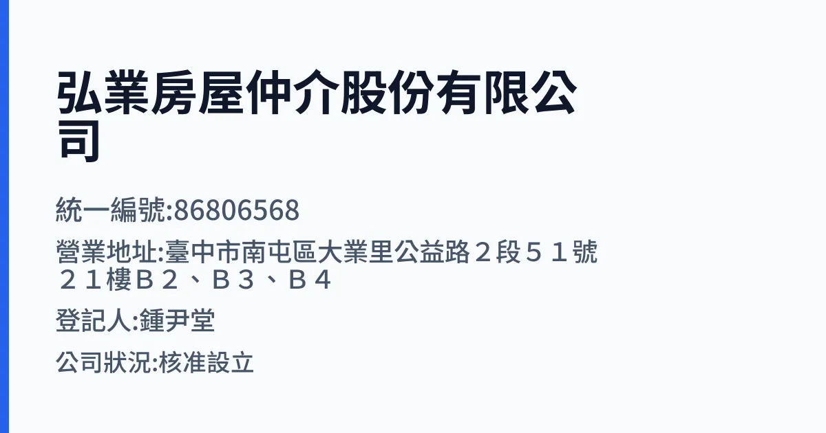 弘業房屋仲介股份有限公司 - 統編 86806568(臺中市) 公司登記資料與營業項目詳細圖表
