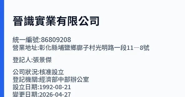晉識實業有限公司的照片-統編 86809208(彰化縣) 公司登記資料與營業項目詳細圖表