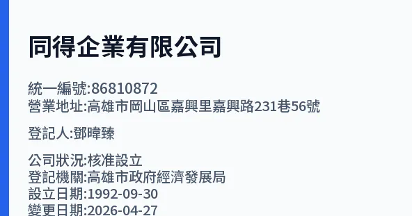 同得企業有限公司的照片-統編 86810872(高雄市) 公司登記資料與營業項目詳細圖表
