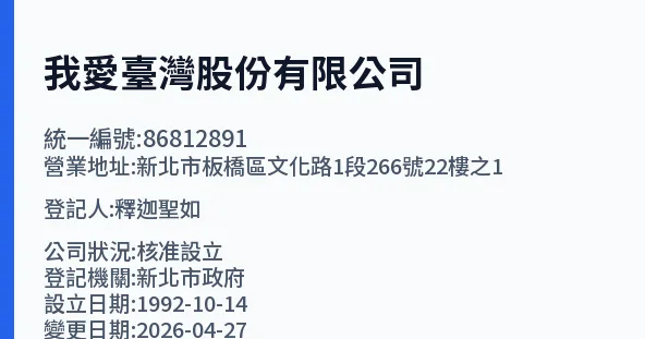 我愛臺灣股份有限公司的照片-統編 86812891(新北市) 公司登記資料與營業項目詳細圖表