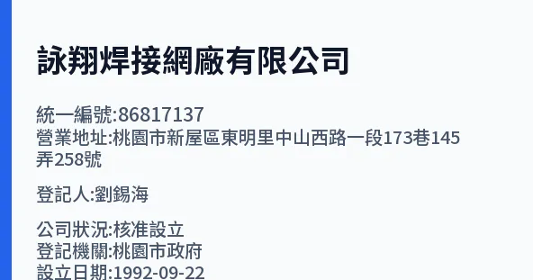 詠翔焊接網廠有限公司的照片-統編 86817137(桃園市) 公司登記資料與營業項目詳細圖表