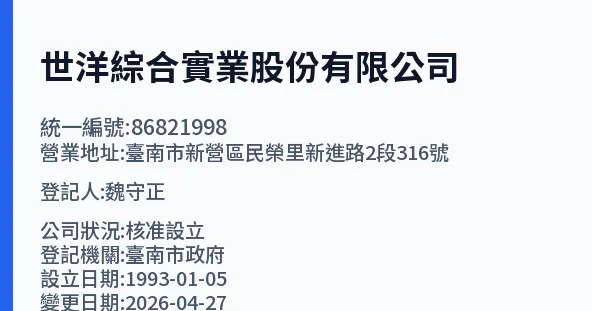 世洋綜合實業股份有限公司的照片-統編 86821998(臺南市) 公司登記資料與營業項目詳細圖表