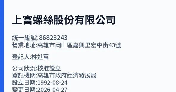 上富螺絲股份有限公司的照片-統編 86823243(高雄市) 公司登記資料與營業項目詳細圖表