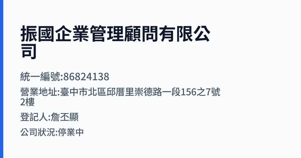 振國企業管理顧問有限公司 - 統編 86824138(臺中市) 公司登記資料與營業項目詳細圖表
