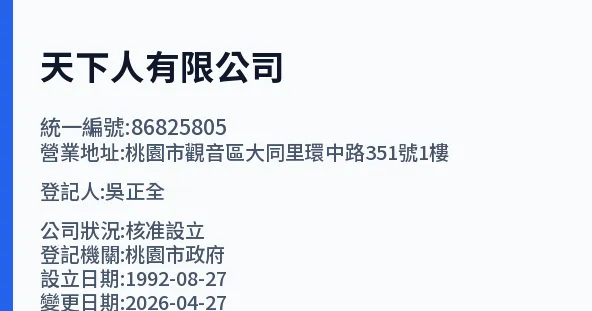天下人有限公司的照片-統編 86825805(桃園市) 公司登記資料與營業項目詳細圖表