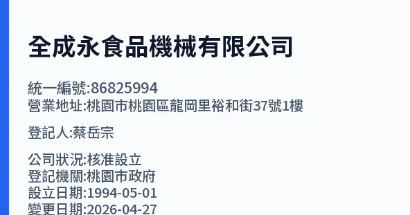 全成永食品機械有限公司的照片-統編 86825994(桃園市) 公司登記資料與營業項目詳細圖表