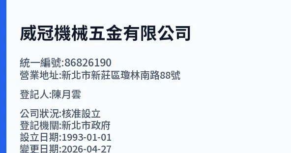 威冠機械五金有限公司的照片-統編 86826190(新北市) 公司登記資料與營業項目詳細圖表