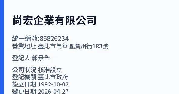 尚宏企業有限公司的照片-統編 86826234(臺北市) 公司登記資料與營業項目詳細圖表