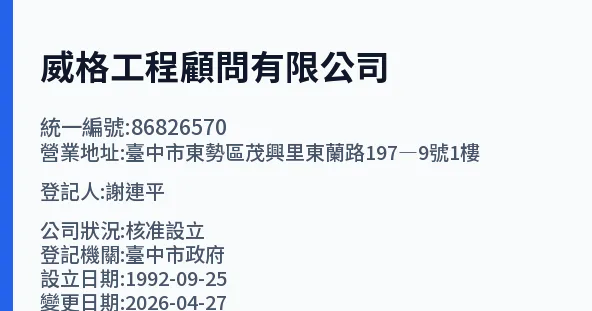 威格工程顧問有限公司的照片-統編 86826570(臺中市) 公司登記資料與營業項目詳細圖表