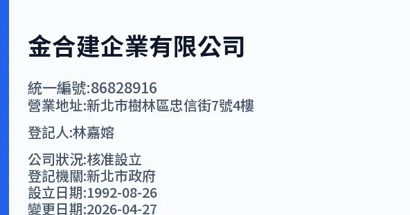 金合建企業有限公司的照片-統編 86828916(新北市) 公司登記資料與營業項目詳細圖表