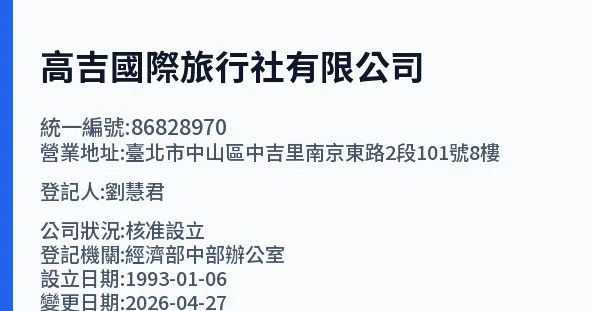 高吉國際旅行社有限公司的照片-統編 86828970(臺北市) 公司登記資料與營業項目詳細圖表