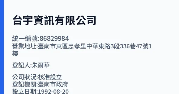 台宇資訊有限公司的照片-統編 86829984(臺南市) 公司登記資料與營業項目詳細圖表