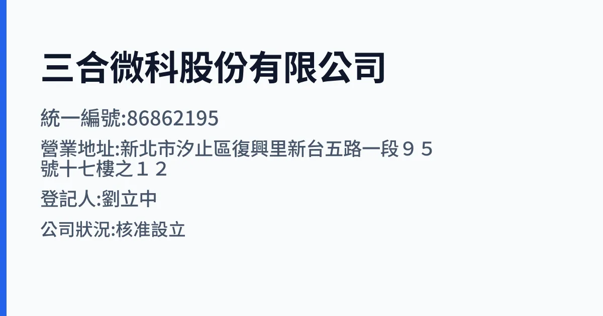 三合微科股份有限公司 - 統編 86862195(新北市) 公司登記資料與營業項目詳細圖表