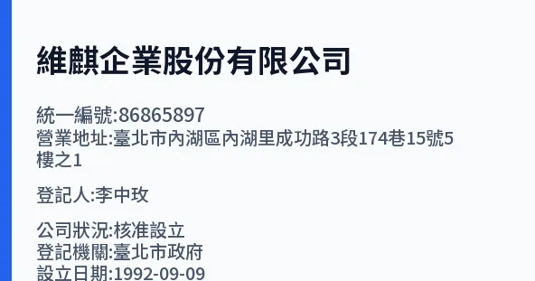維麒企業股份有限公司的照片-統編 86865897(臺北市) 公司登記資料與營業項目詳細圖表