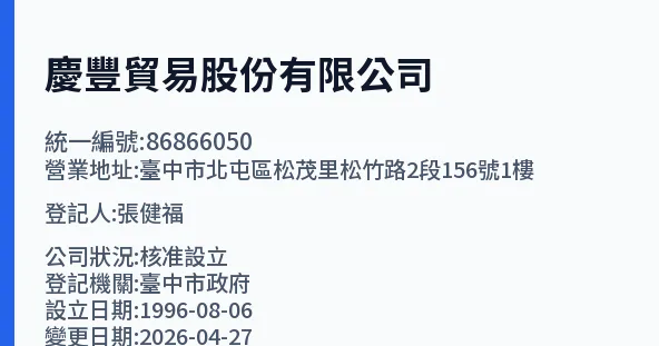 慶豐貿易股份有限公司的照片-統編 86866050(臺中市) 公司登記資料與營業項目詳細圖表
