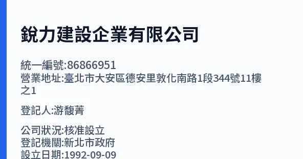 銳力建設企業有限公司的照片-統編 86866951(臺北市) 公司登記資料與營業項目詳細圖表
