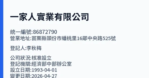 一家人實業有限公司的照片-統編 86872790(苗栗縣) 公司登記資料與營業項目詳細圖表