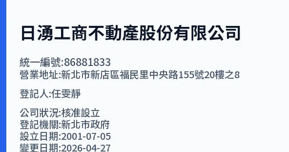 日湧工商不動產股份有限公司的照片-統編 86881833(新北市) 公司登記資料與營業項目詳細圖表