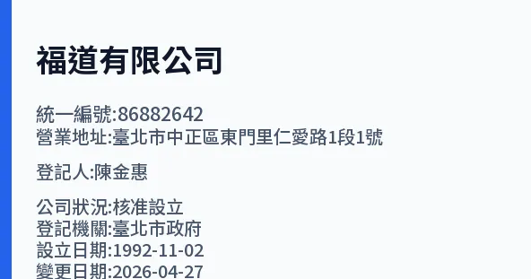福道有限公司的照片-統編 86882642(臺北市) 公司登記資料與營業項目詳細圖表