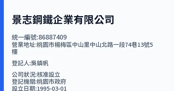 景志鋼鐵企業有限公司的照片-統編 86887409(桃園市) 公司登記資料與營業項目詳細圖表