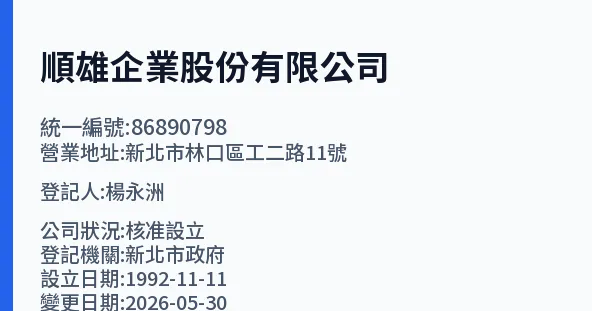 順雄企業股份有限公司的照片-統編 86890798(新北市) 公司登記資料與營業項目詳細圖表