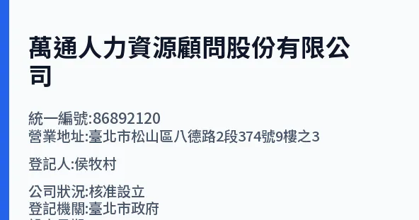 萬通人力資源顧問股份有限公司的照片-統編 86892120(臺北市) 公司登記資料與營業項目詳細圖表
