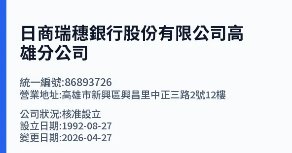 日商瑞穗銀行股份有限公司高雄分公司的照片-統編 86893726(高雄市) 公司登記資料與營業項目詳細圖表