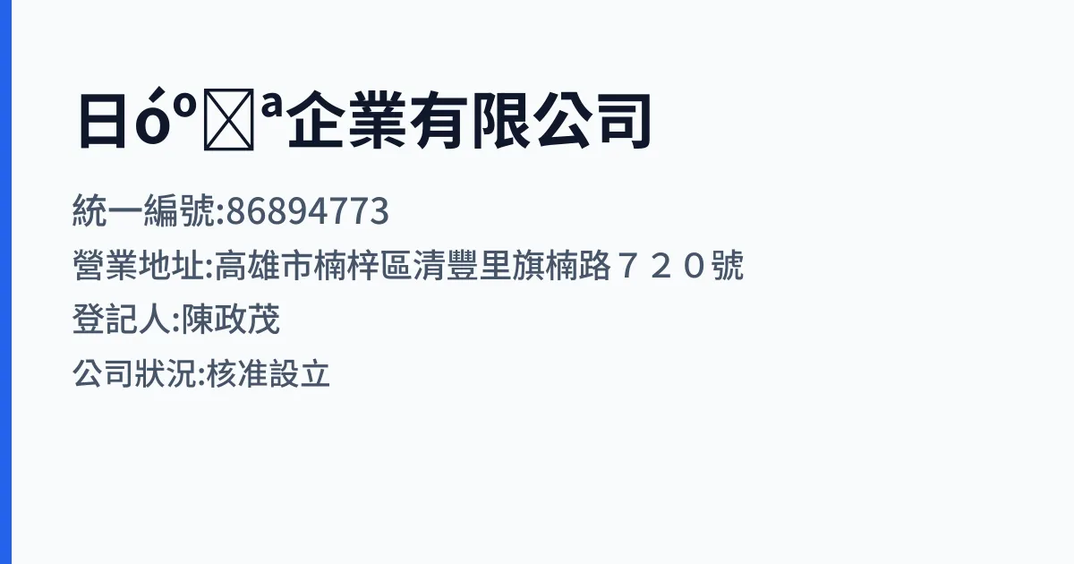日企業有限公司 - 統編 86894773(高雄市) 公司登記資料與營業項目詳細圖表