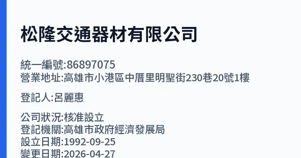 松隆交通器材有限公司的照片-統編 86897075(高雄市) 公司登記資料與營業項目詳細圖表