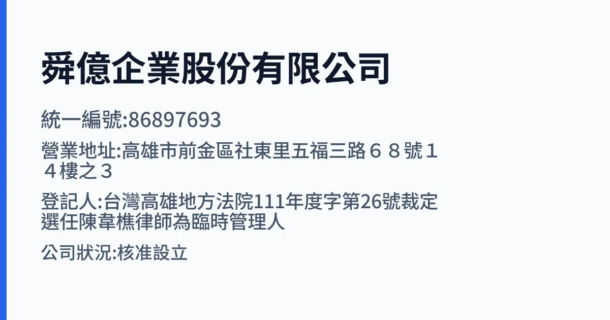 舜億企業股份有限公司 - 統編 86897693(高雄市) 公司登記資料與營業項目詳細圖表