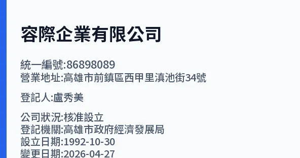 容際企業有限公司的照片-統編 86898089(高雄市) 公司登記資料與營業項目詳細圖表