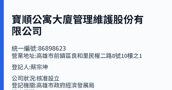 寶順公寓大廈管理維護股份有限公司的照片-統編 86898623(高雄市) 公司登記資料與營業項目詳細圖表